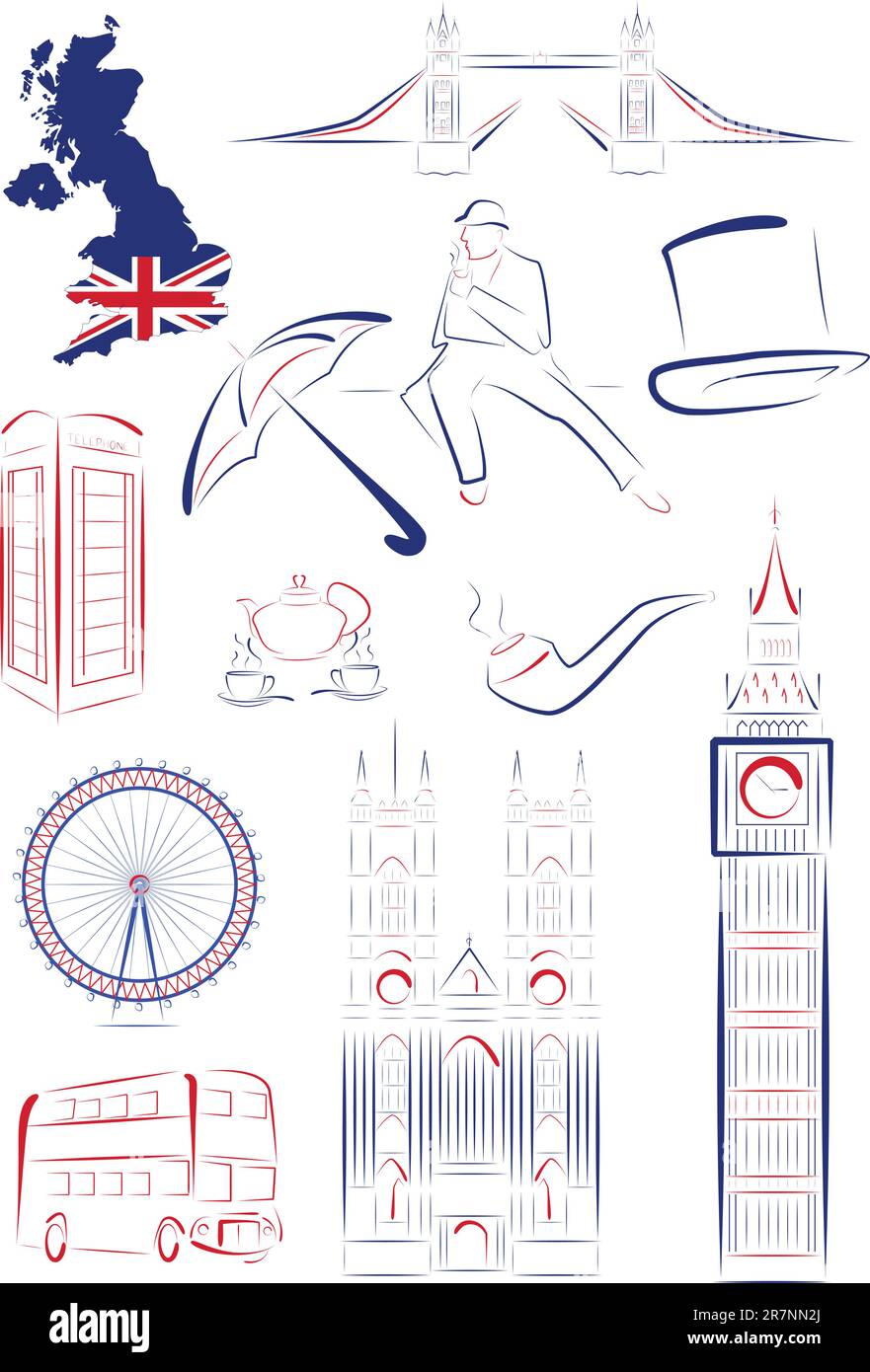 Set of vector drawn stylized sights and symbols of Great Britain Stock ...