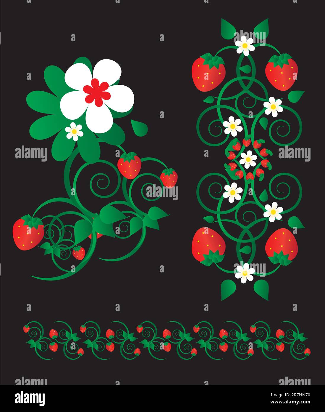 strawberry with flowers ornament on black background Stock Vector Image ...