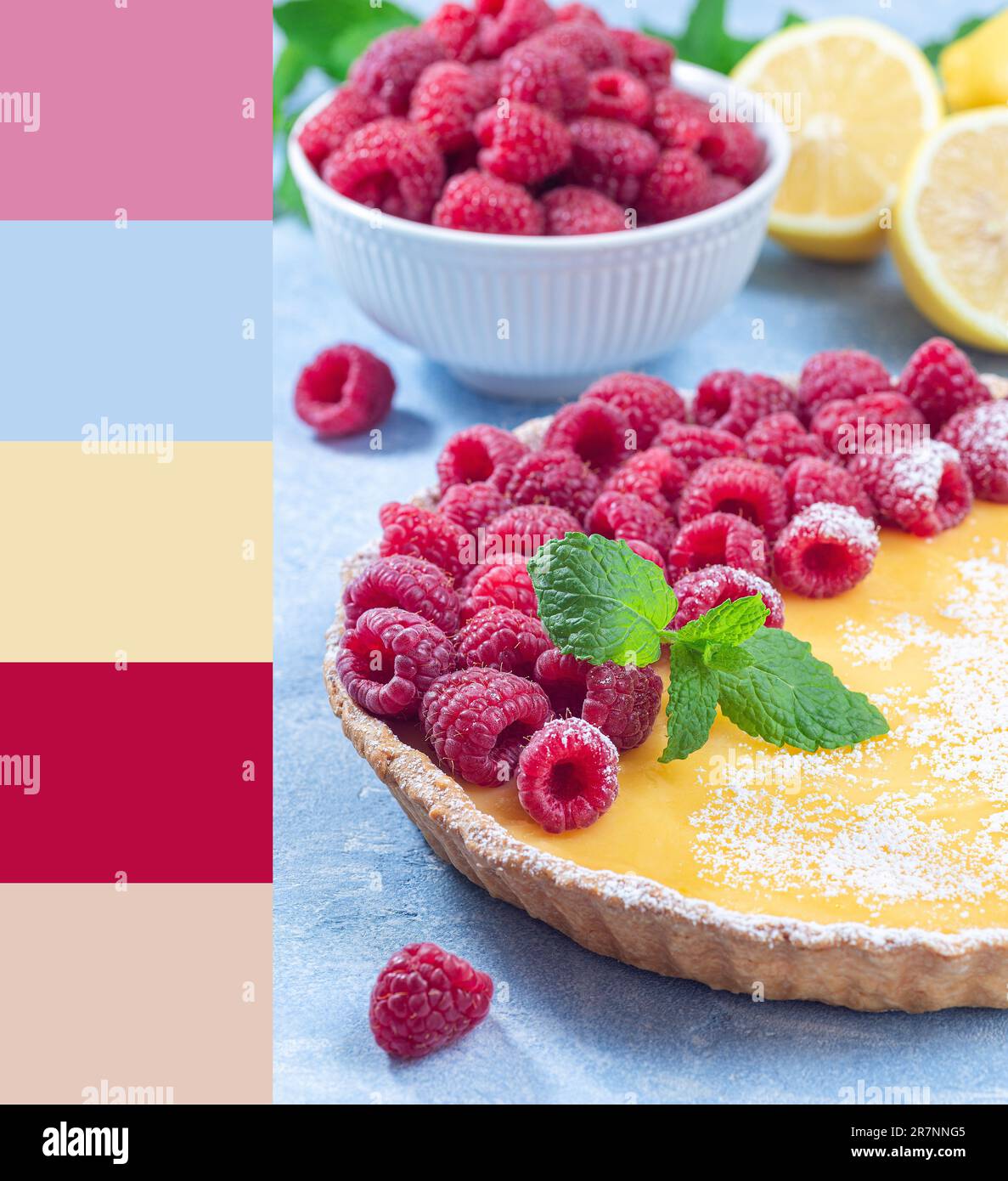 Lemon tart garnished with raspberry. Color palette Stock Photo - Alamy