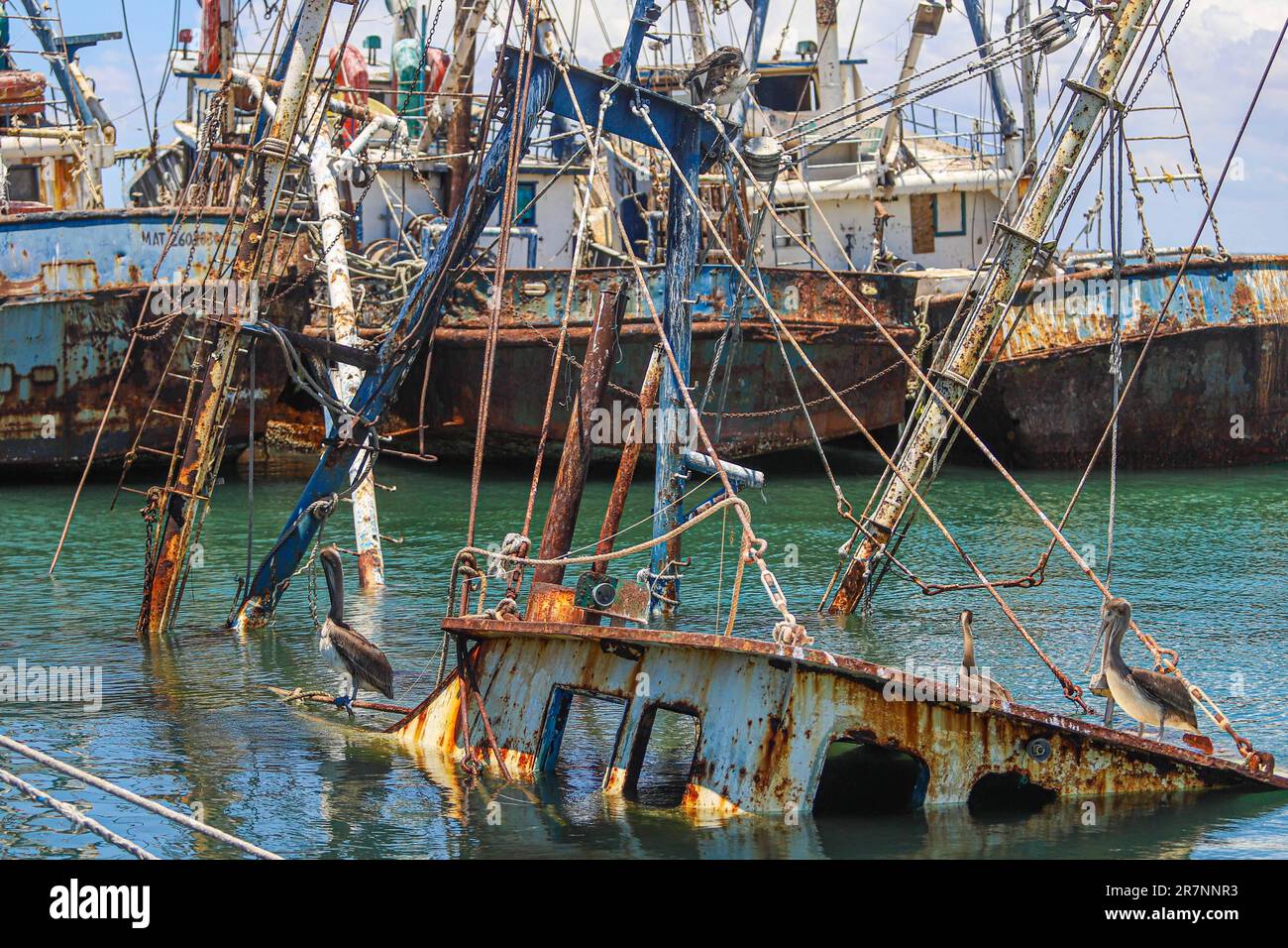 Remains of bacchus or sunken fishing boat in the sea. Yavaros port ...