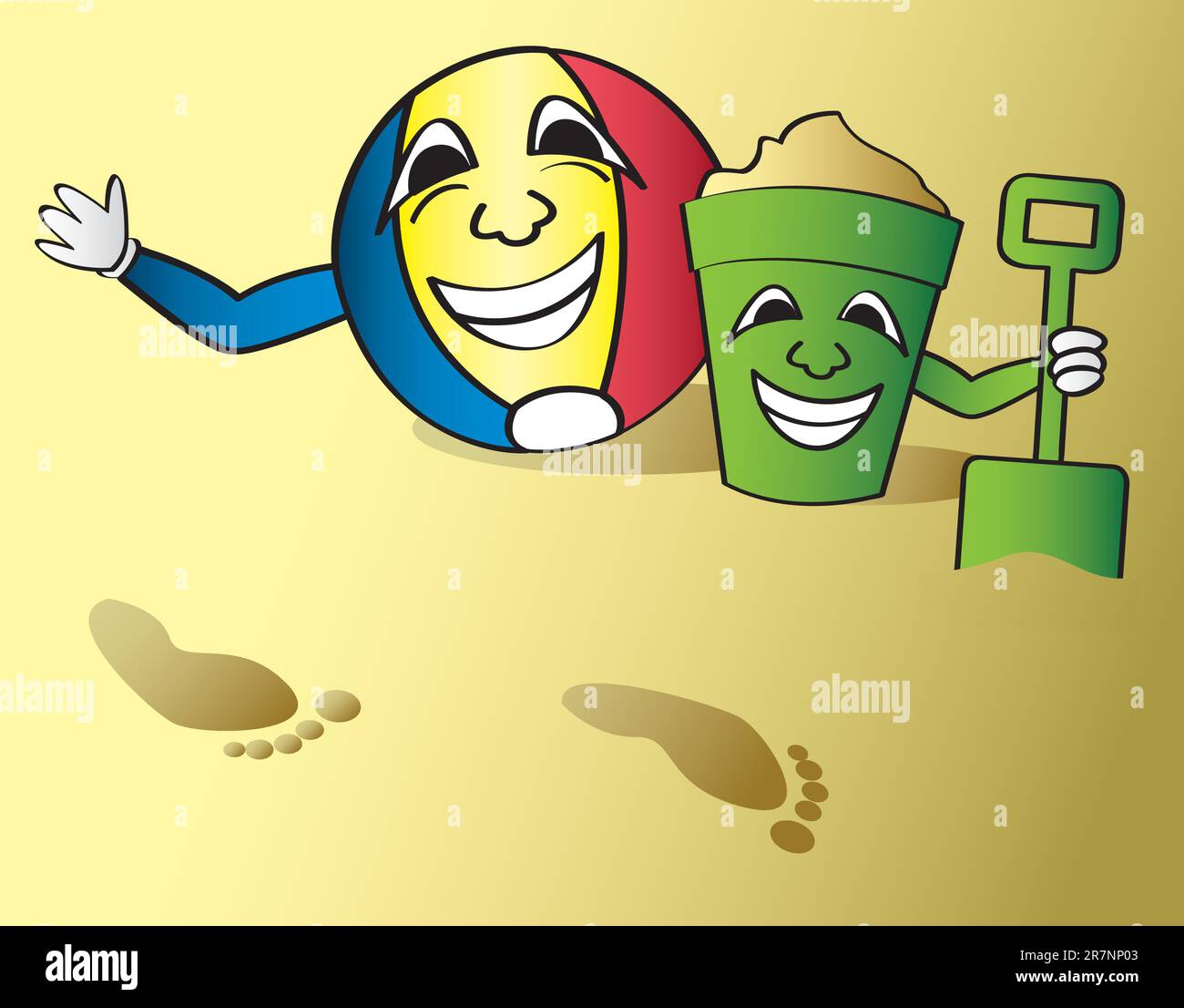 A smiling beach ball and bucket of sand with a shovel on the beach ...
