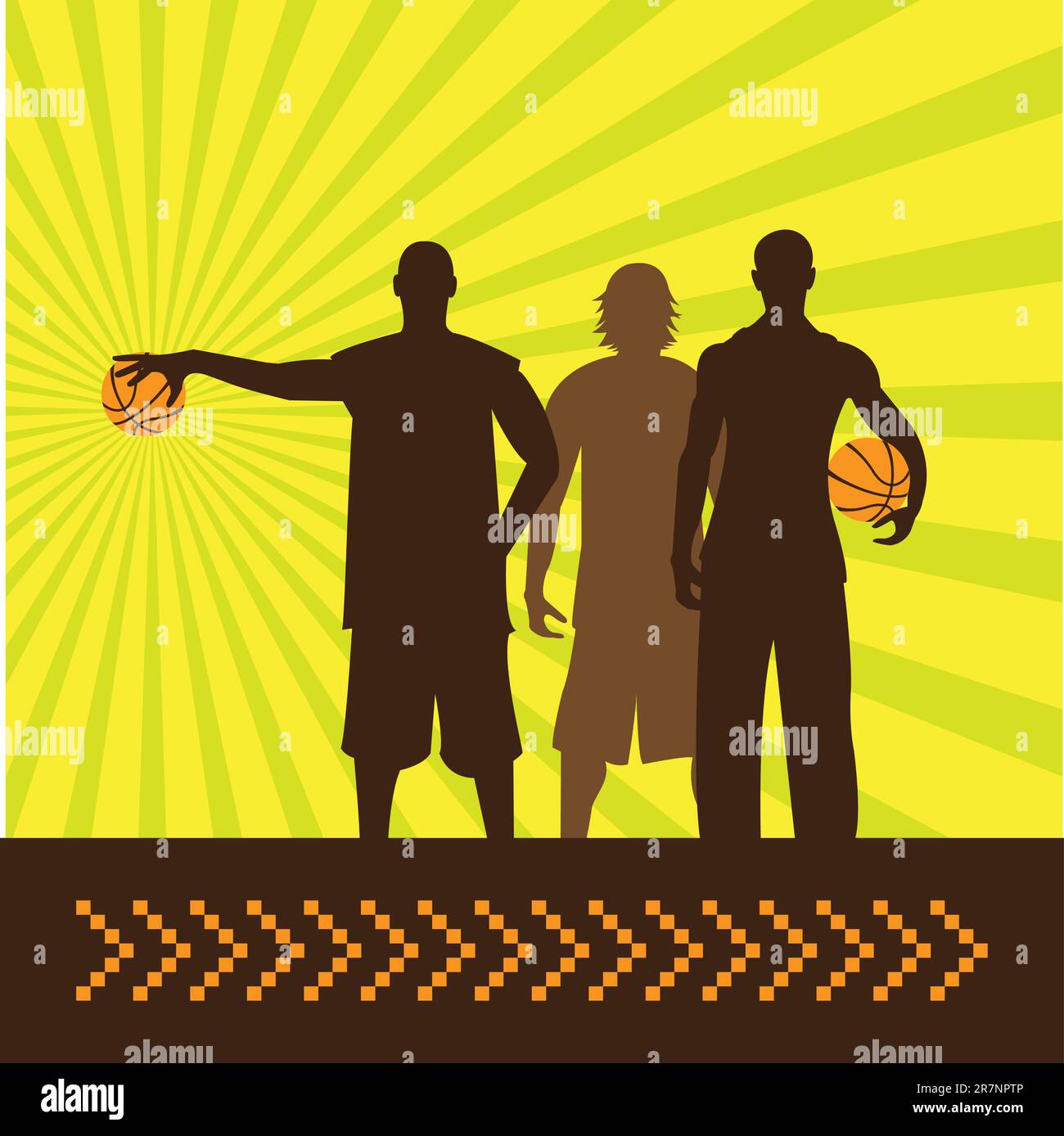 Vector illustration of three basketball players on the yellow sunburst ...
