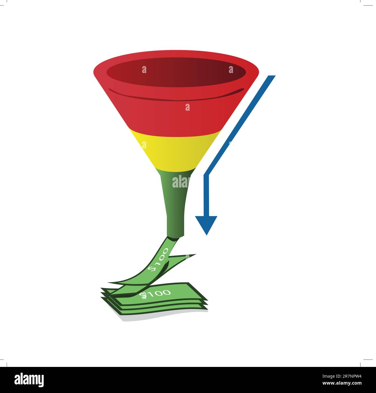 Red, yellow and green sales funnel with blue arrow. Arrows points ...