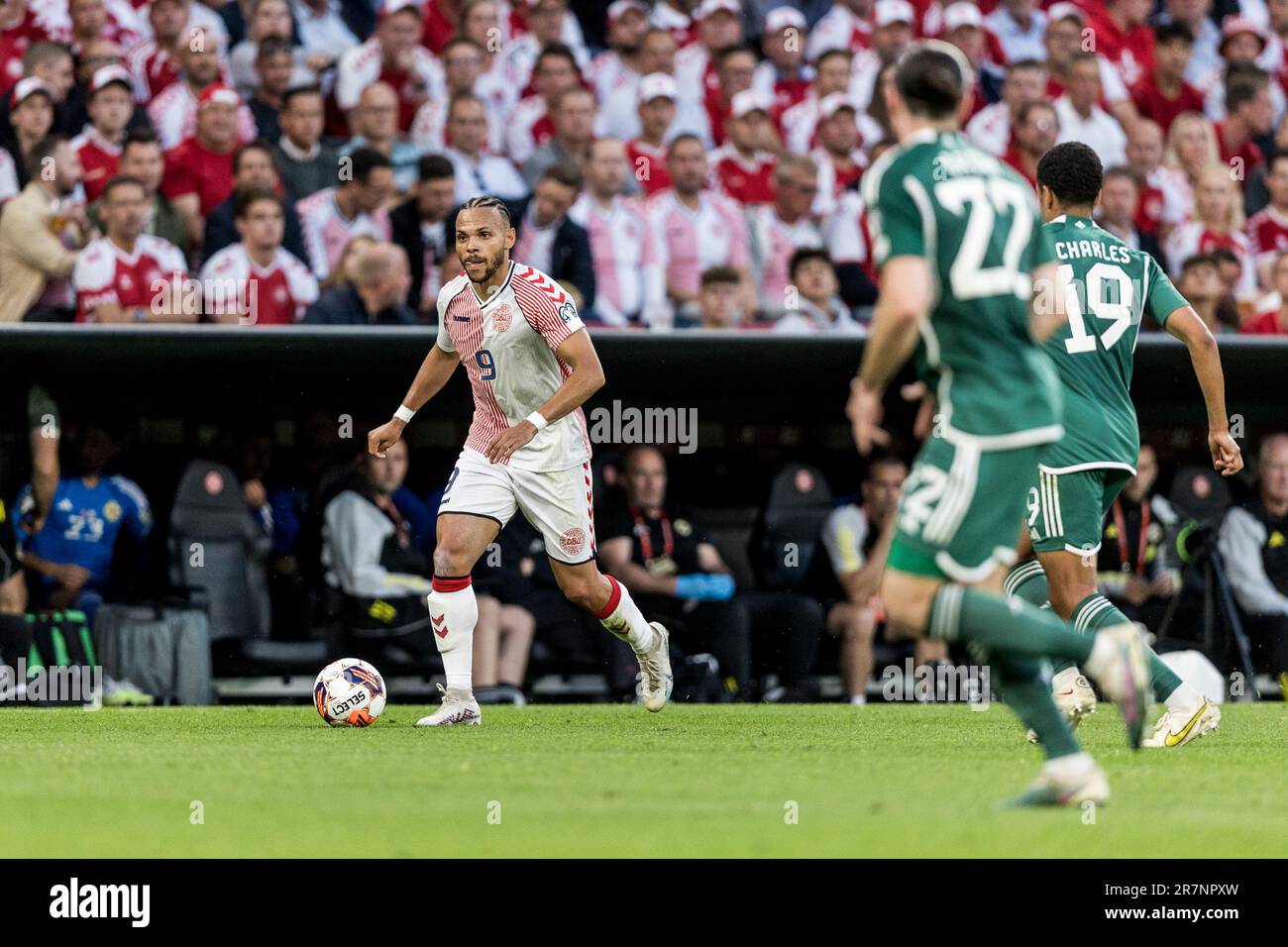 Copenhagen, Denmark. 16th June, 2023. Martin Braithwaite (9) of Denmark ...
