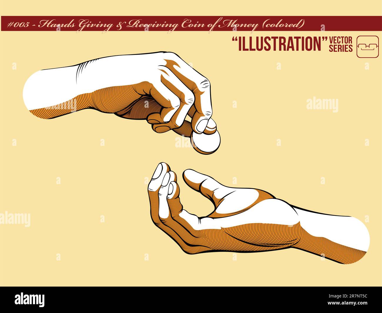 A vector of two hands, one giving coin of money and the other receiving it. Symbolizing the ...