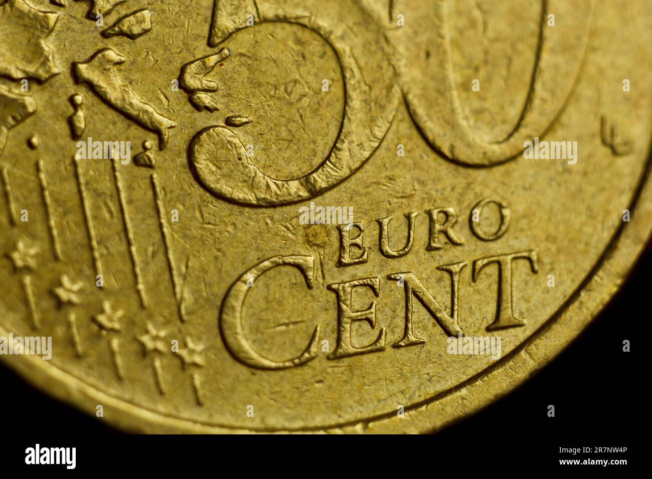 Coin Fifty Eurocent Macro Isolated On Black Background. Detail of metallic money close up. EU ...