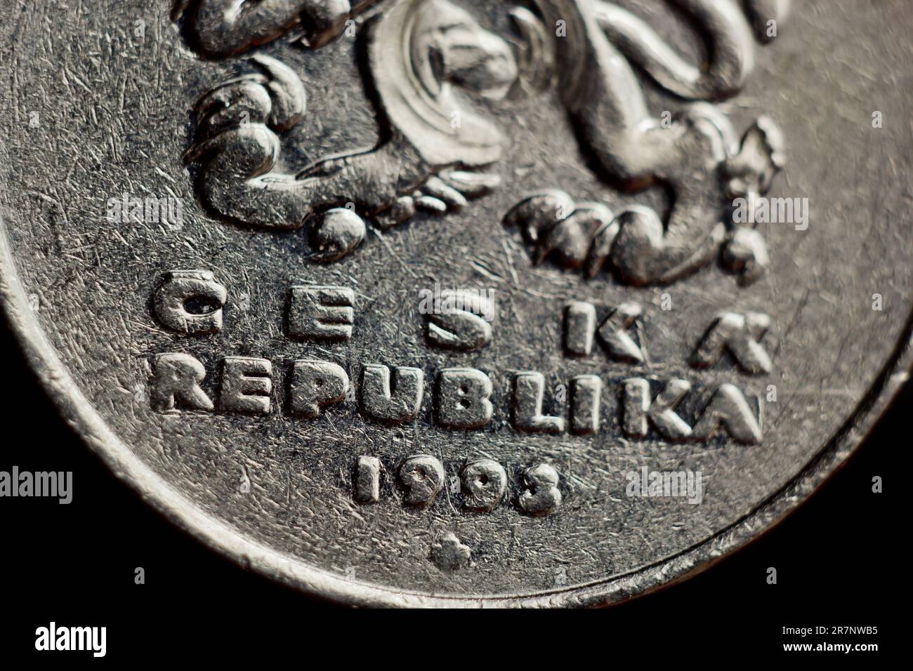 Five Czech koruna coin close-up isolated on black background. Detail of ...