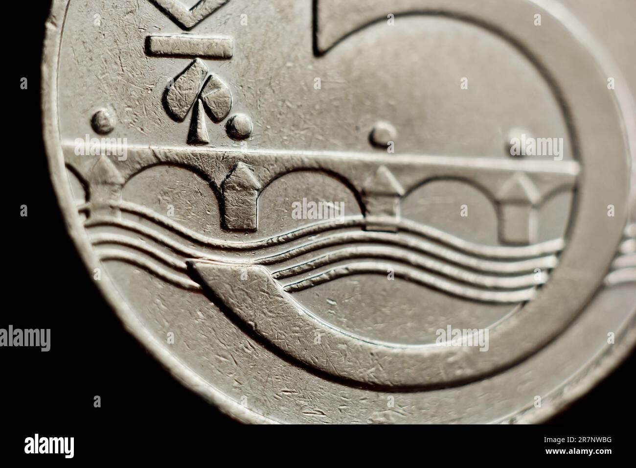 Five Czech koruna coin close-up isolated on black background. Detail of ...