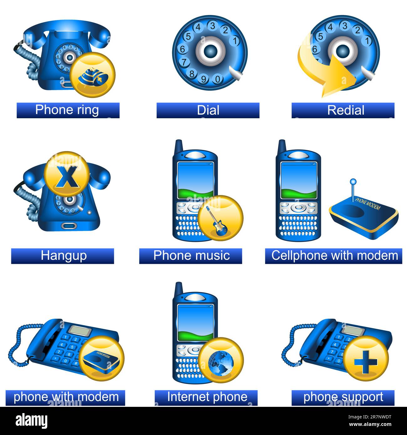Collection of 9 blue phone icons isolated separately on white ...