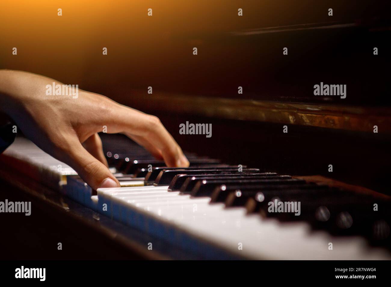 one male hand on the piano. The palm lies on the keys and plays the ...