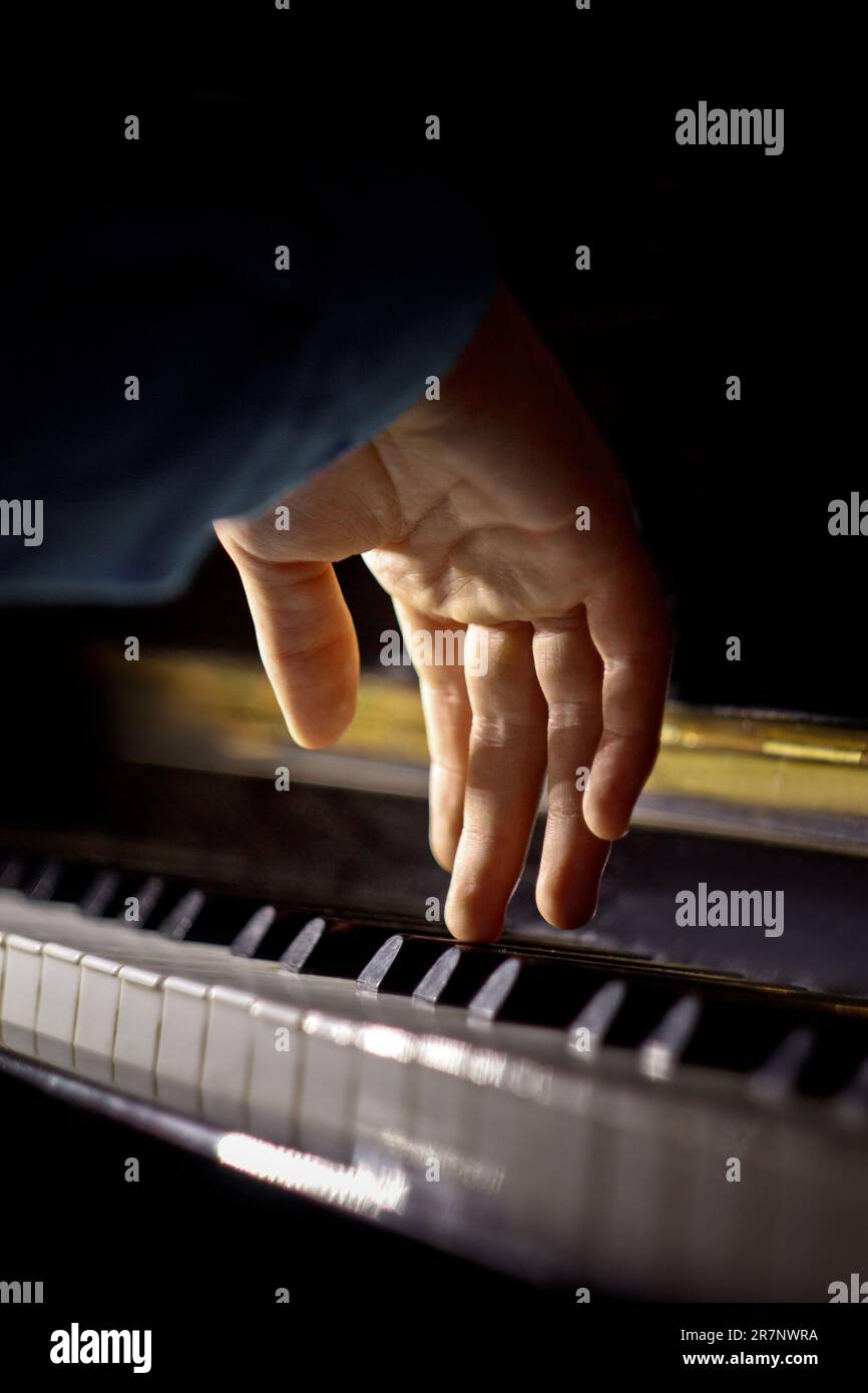 one male hand on the piano. The palm lies on the keys and plays the ...