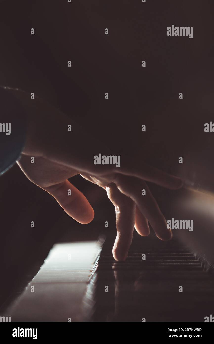 one male hand on the piano. The palm lies on the keys and plays the ...