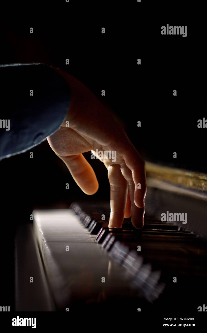 one male hand on the piano. The palm lies on the keys and plays the ...