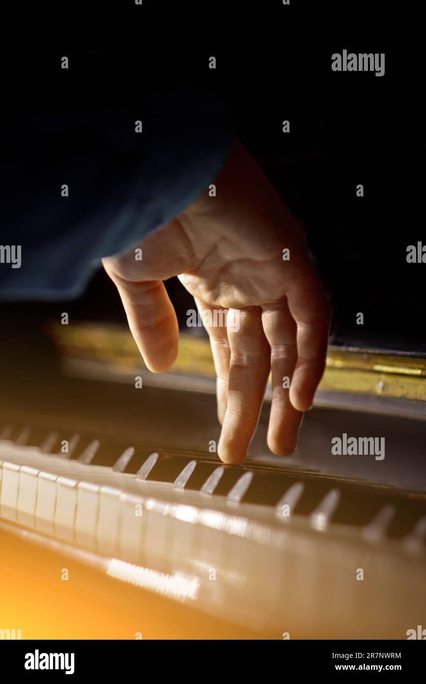 one male hand on the piano. The palm lies on the keys and plays the ...