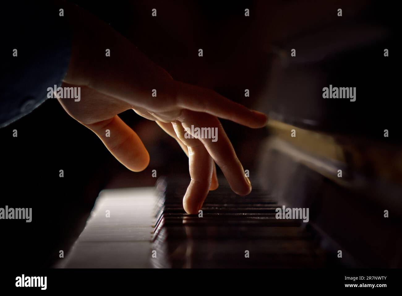 one male hand on the piano. The palm lies on the keys and plays the ...