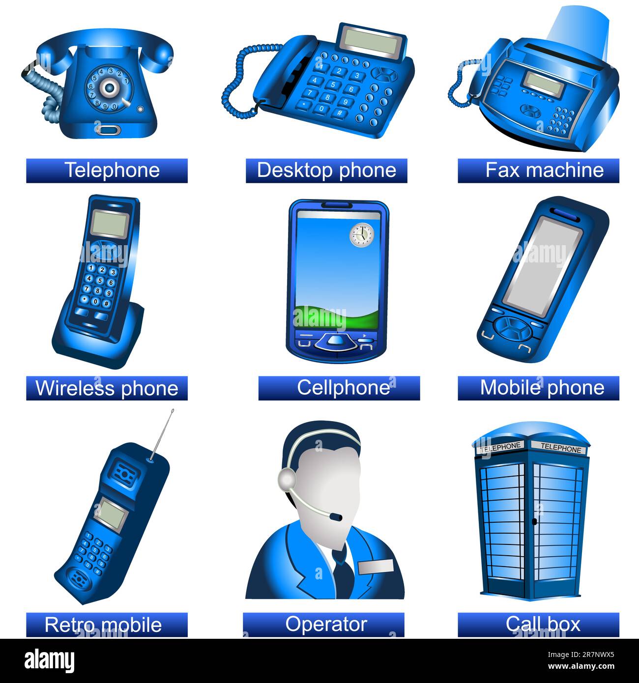 Collection of 9 blue phone icons isolated separately on white ...