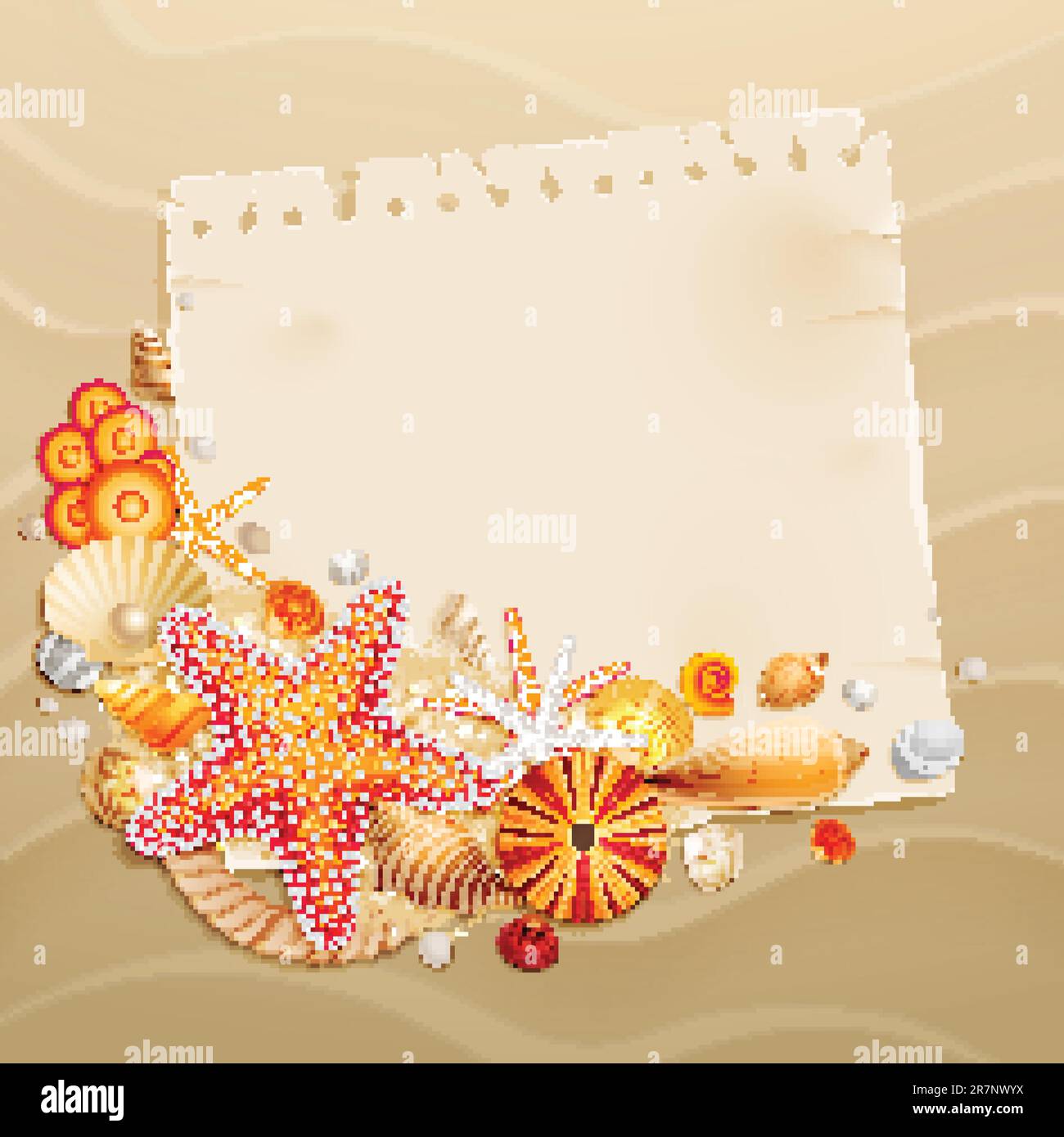 Vintage greeting card with shells and starfishes on sand background ...