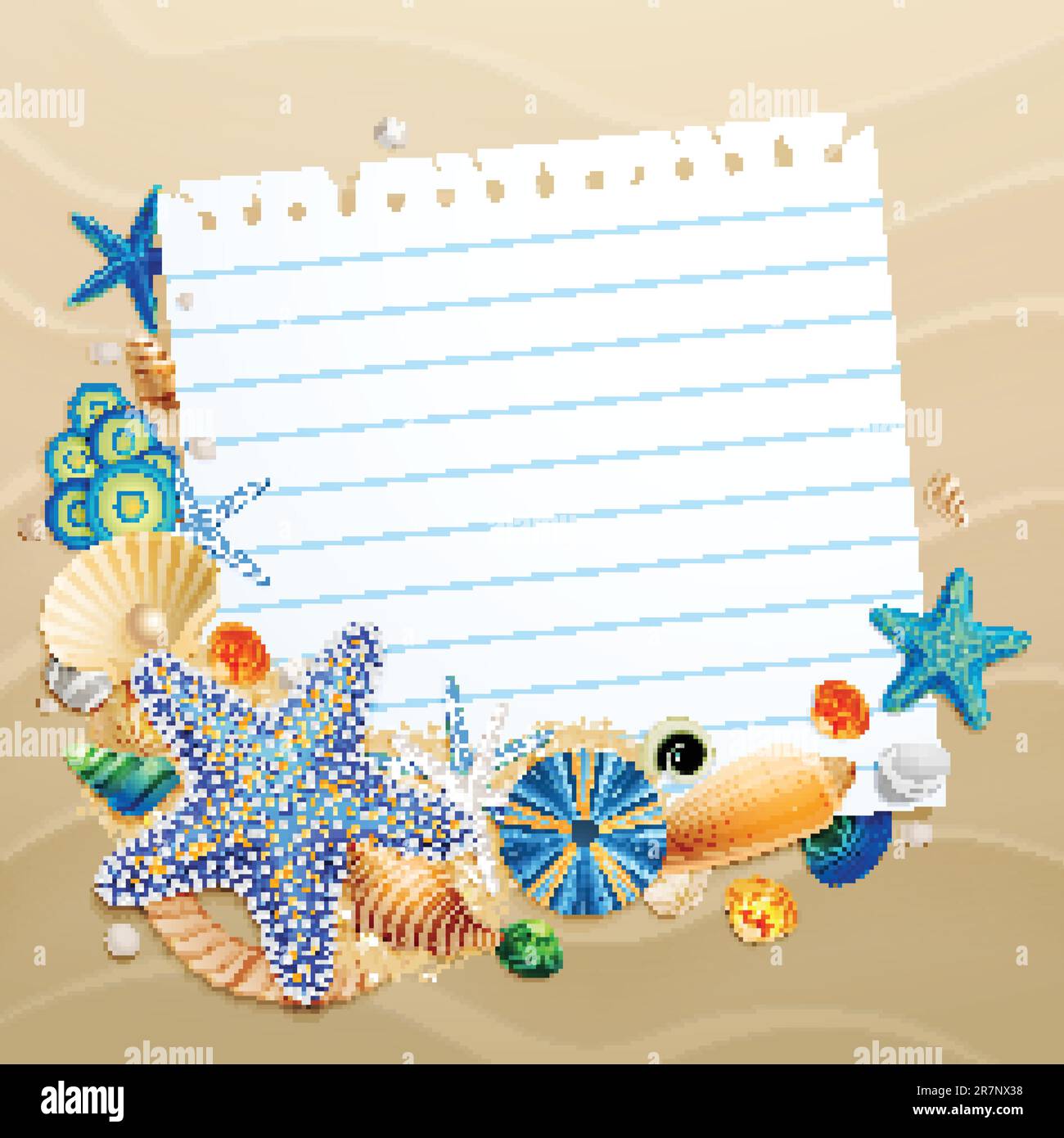 Greeting card with shells and starfishes on sand background. Vector ...