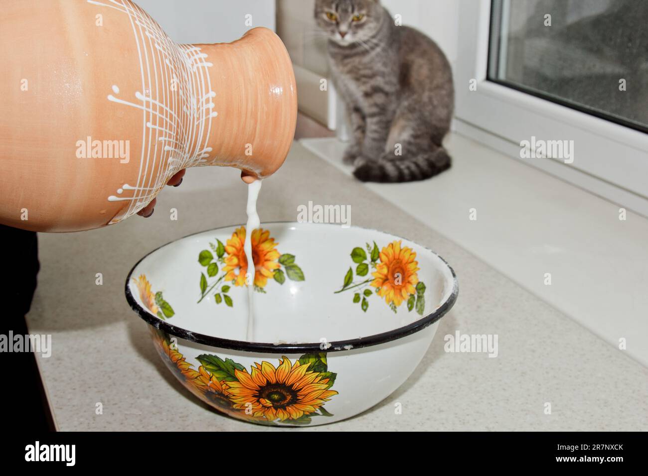 female hand pouring milk from ceramic ewer into a metal bowl. painted ...