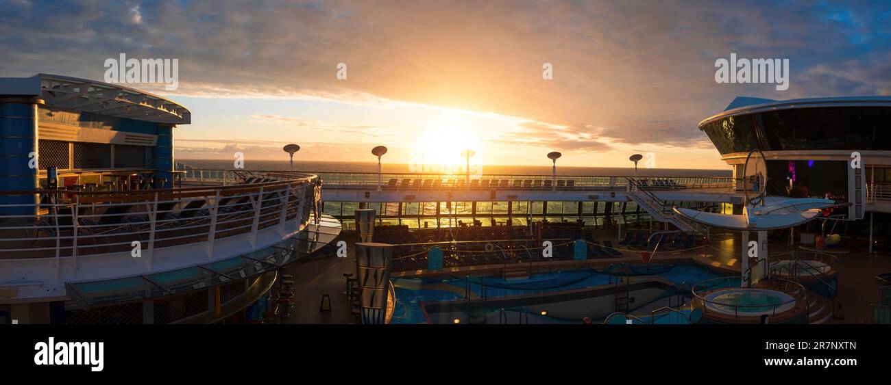 Panoramic ocean view with luxury cruise ship heading to vacation from ...