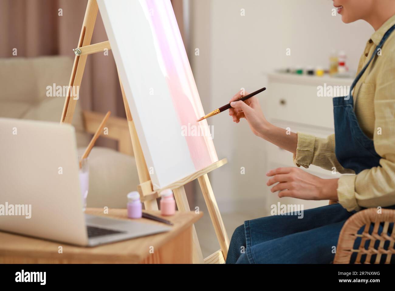 Teacher conducting online painting lesson at home, closeup. Time for ...