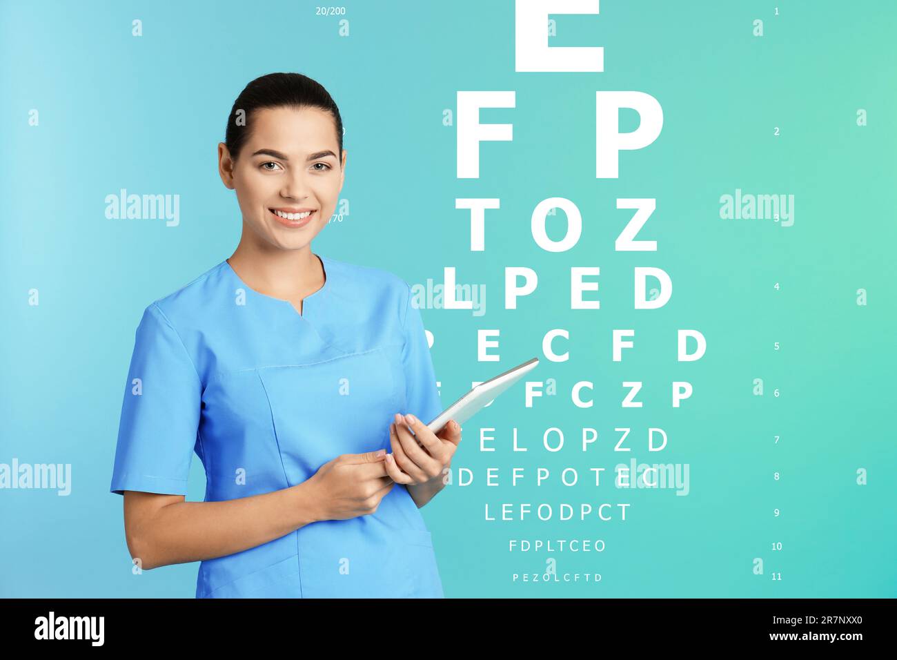 Vision test. Ophthalmologist or optometrist and eye chart on light blue ...