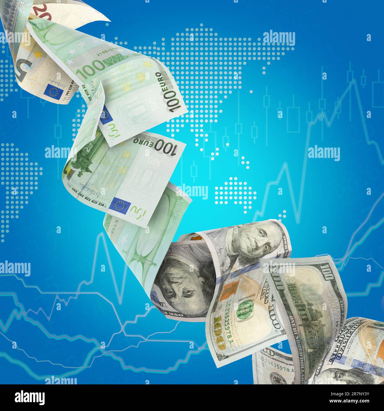 Money exchange. Euro banknotes turning into dollars while falling on ...