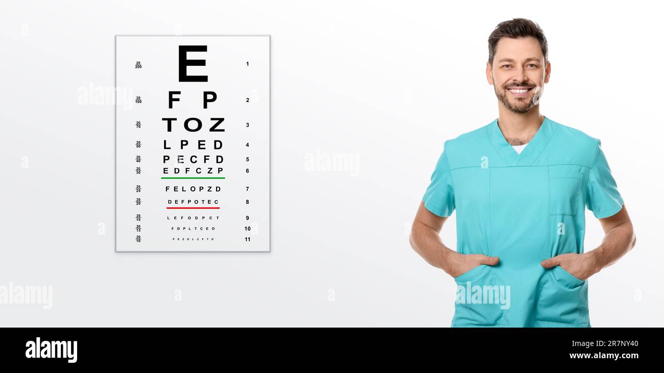 Vision test. Ophthalmologist or optometrist and eye chart on white ...