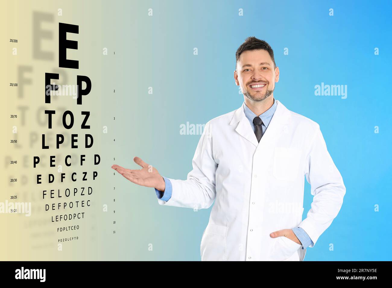 Vision test. Ophthalmologist or optometrist pointing at eye chart on ...