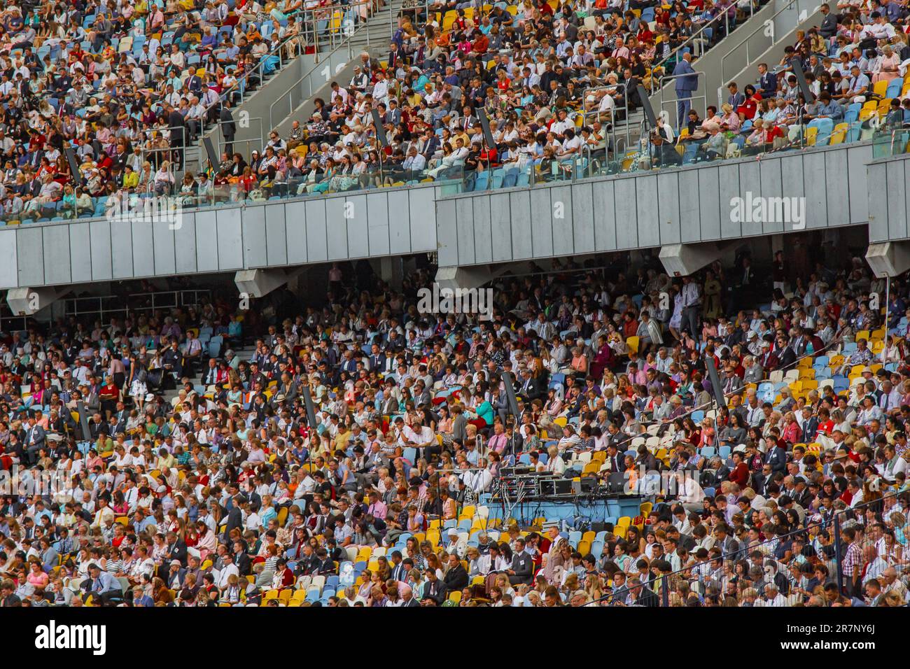 soccer stadium inside view. football field, empty stands, a crowd of ...