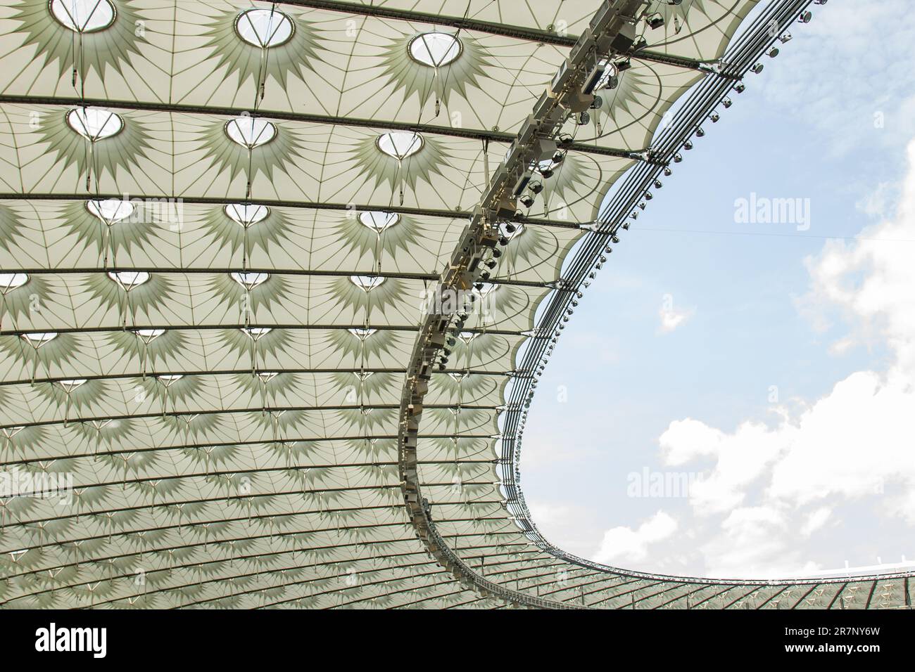 soccer stadium inside view. football field, empty stands, a crowd of ...