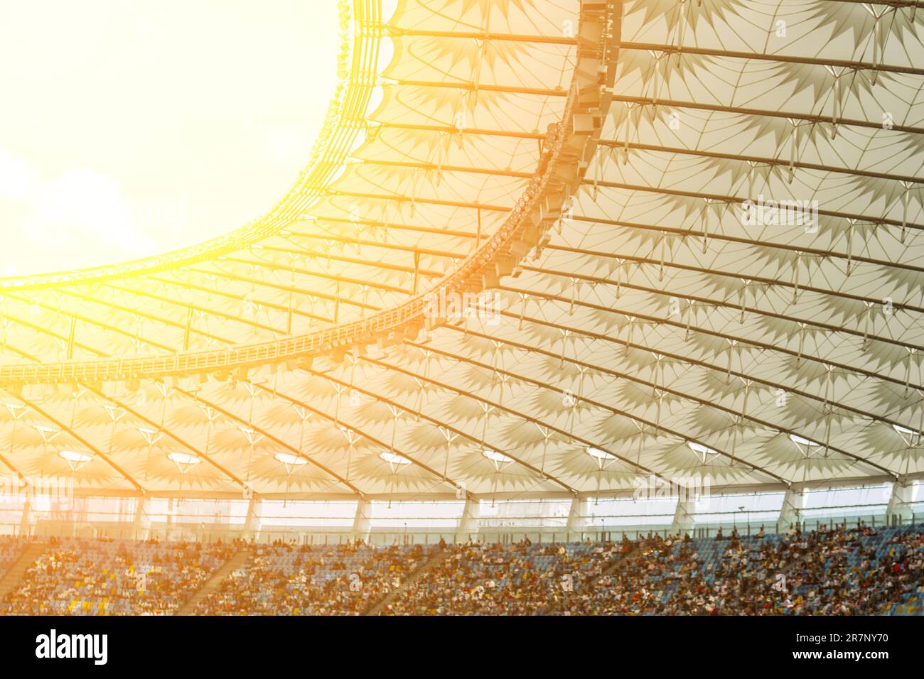 soccer stadium inside view. football field, empty stands, a crowd of ...
