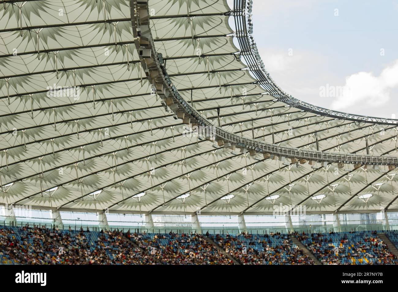 soccer stadium inside view. football field, empty stands, a crowd of ...