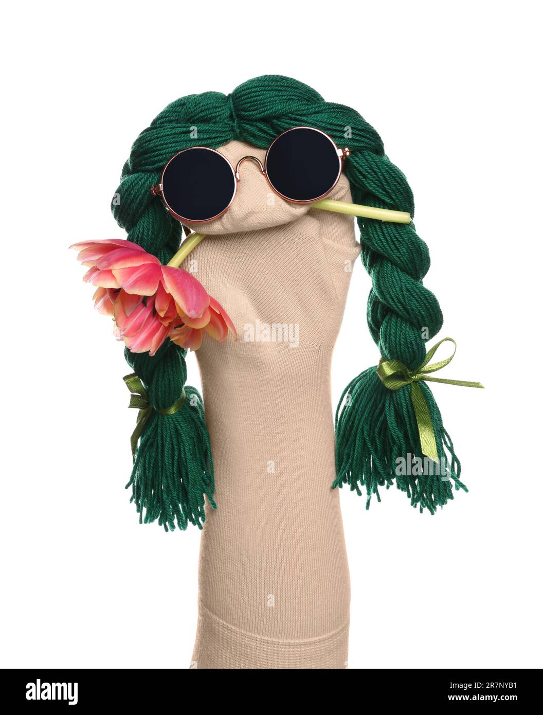 Funny sock puppet with braids, sunglasses and flower isolated on white ...