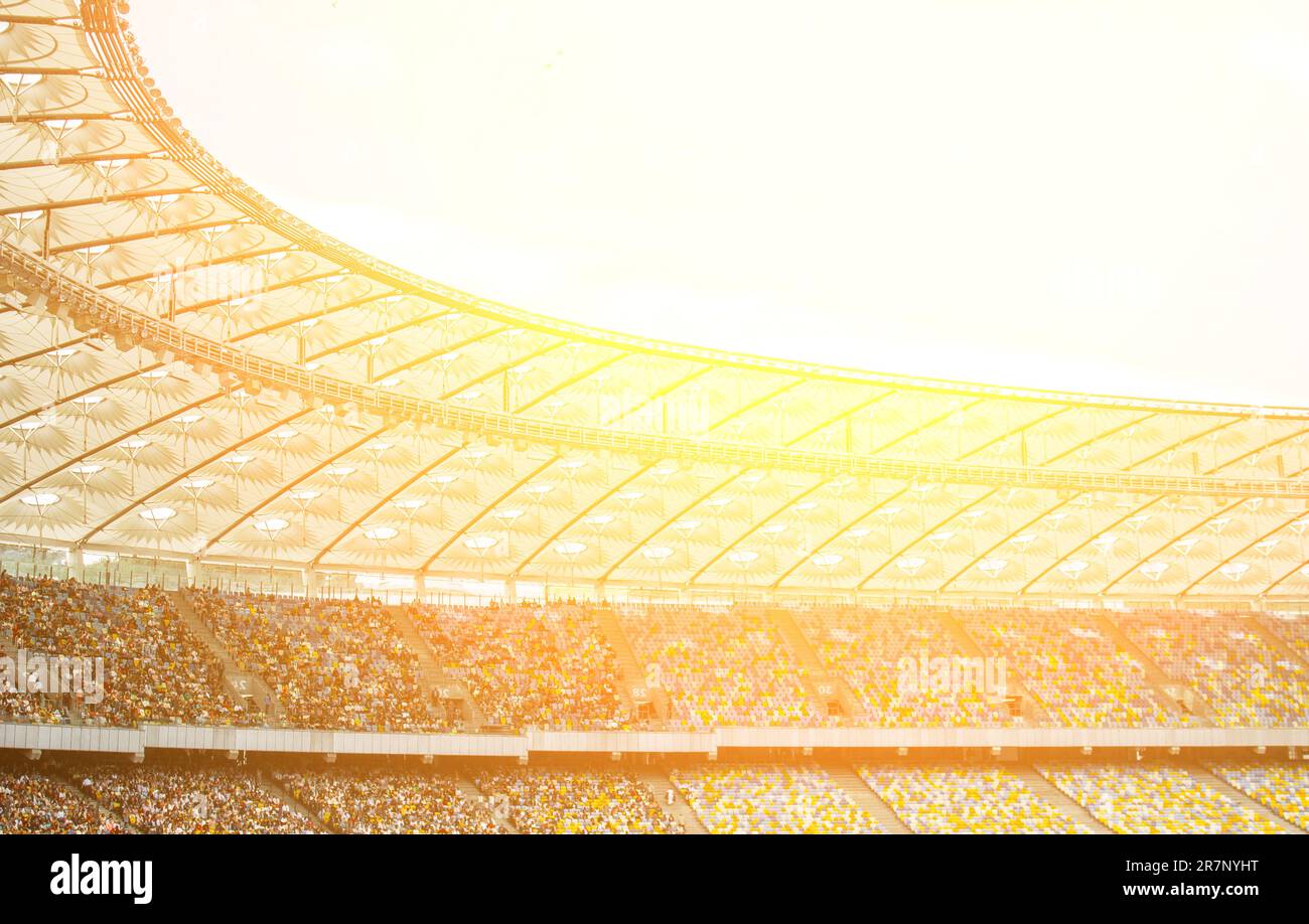 soccer stadium inside view. football field, empty stands, a crowd of ...