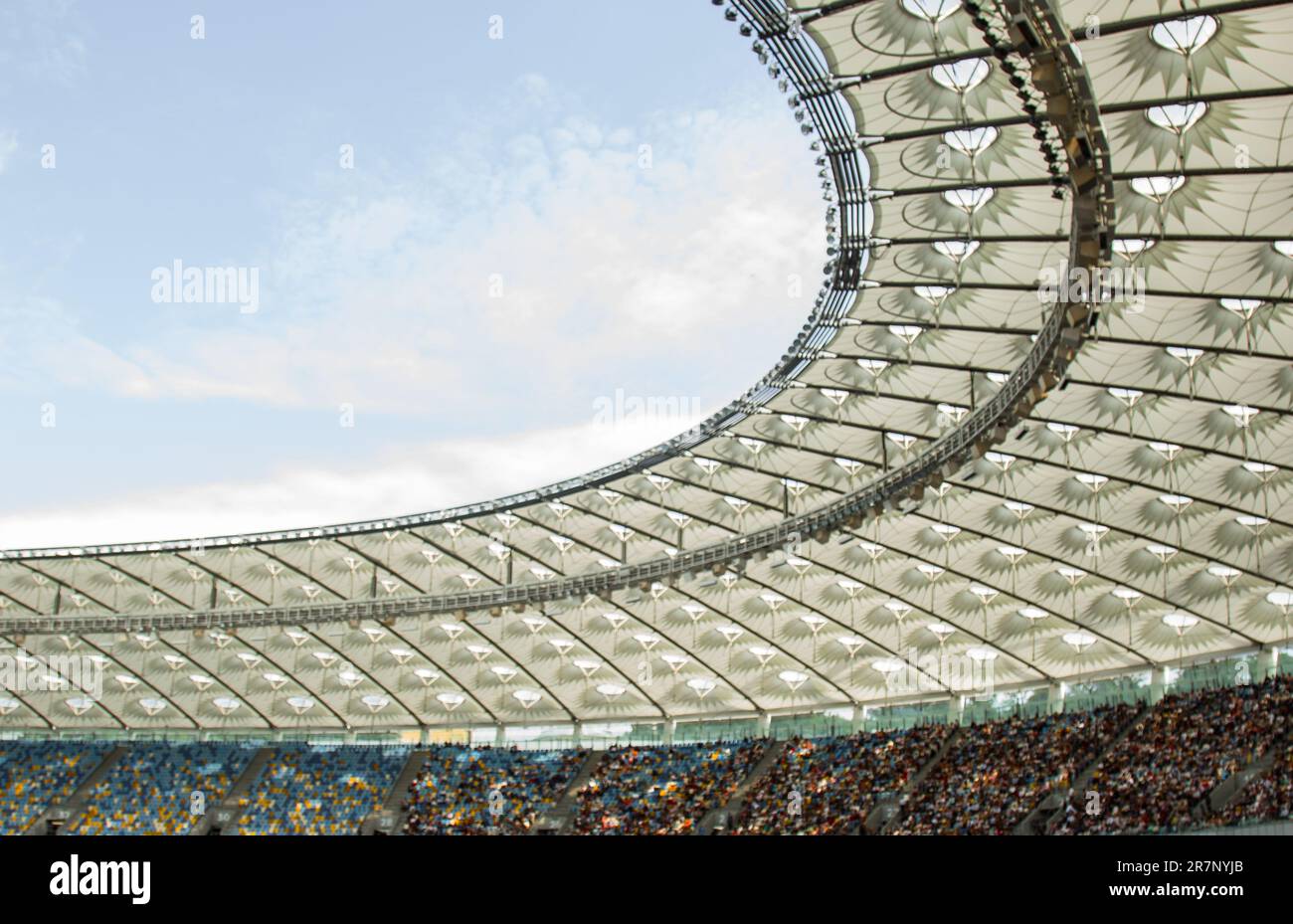 soccer stadium inside view. football field, empty stands, a crowd of ...