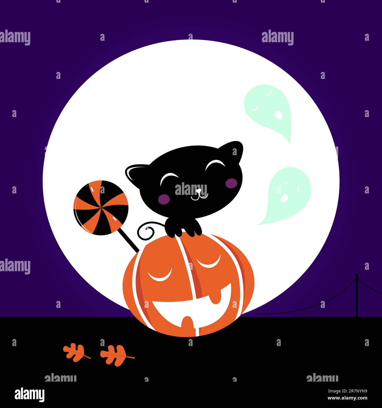 Cute stylized Cat character, Halloween Midnight scene. Vector cartoon ...