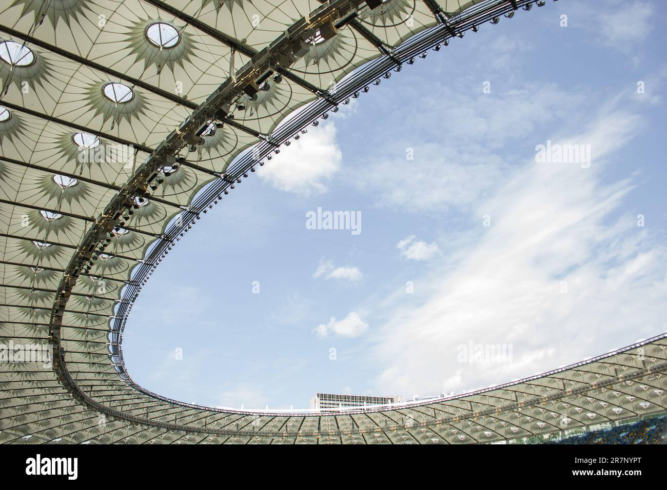 soccer stadium inside view. football field, empty stands, a crowd of ...