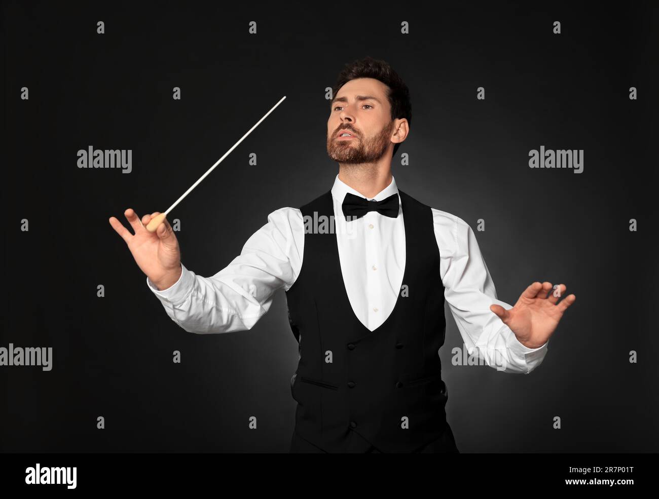 Professional conductor with baton on black background Stock Photo - Alamy