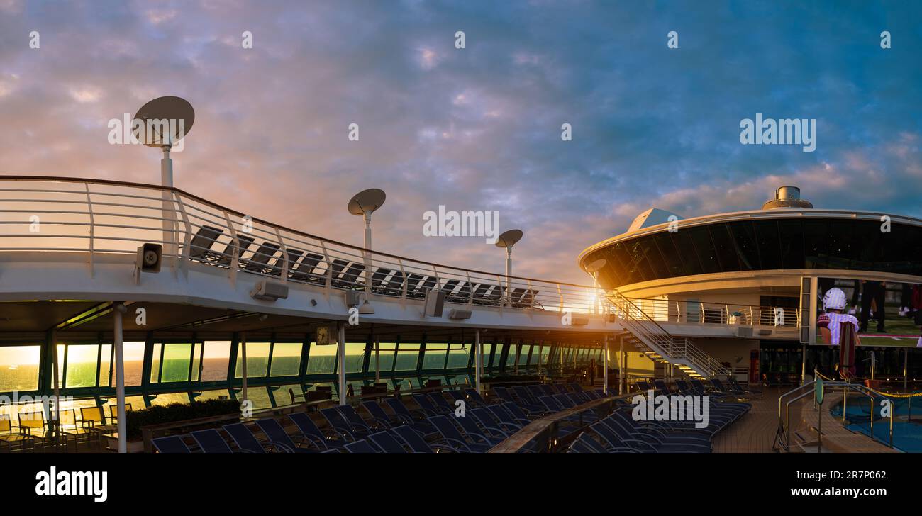 Panoramic ocean view with luxury cruise ship heading to vacation from ...