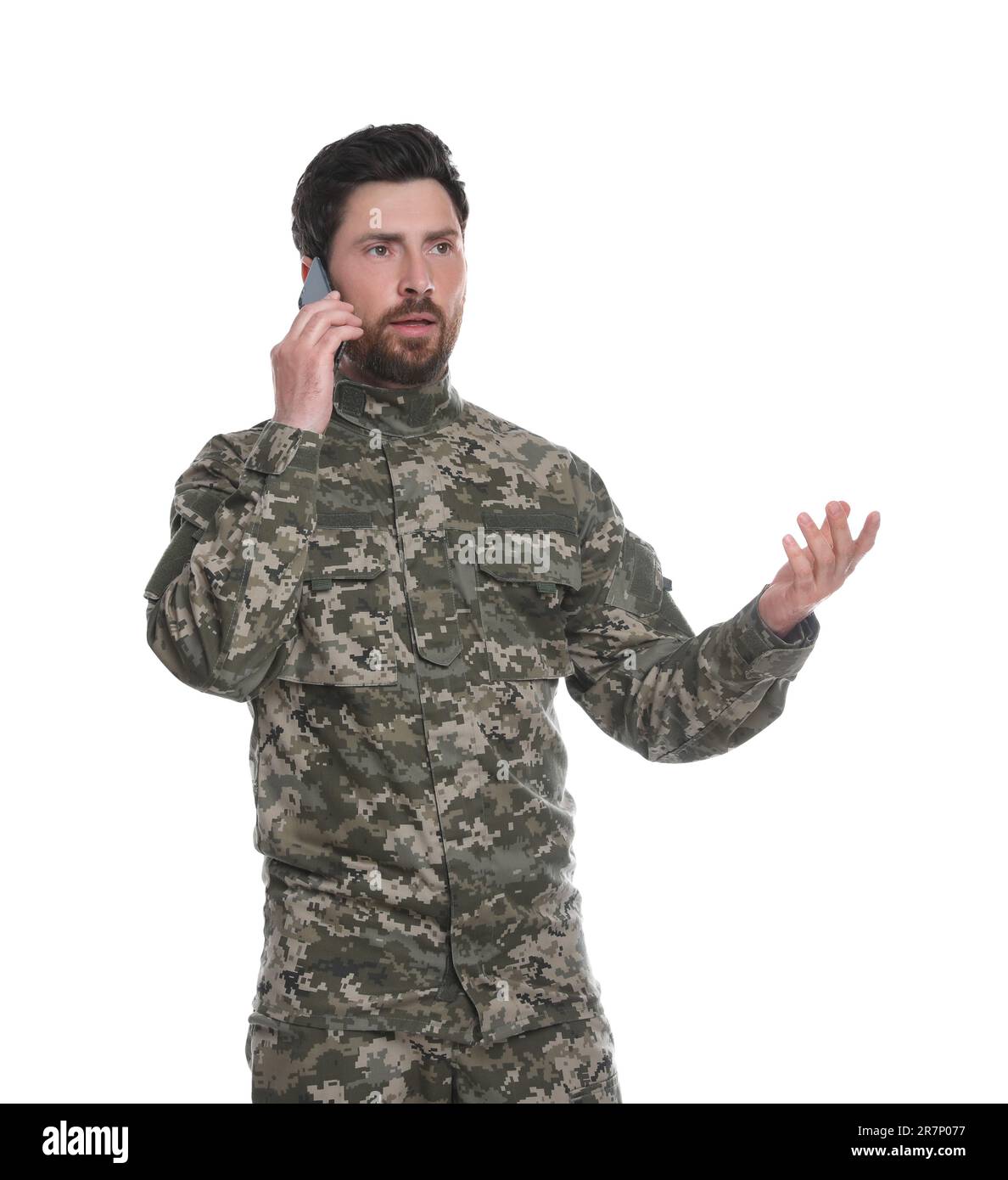 Emotional soldier talking on phone against white background. Military ...