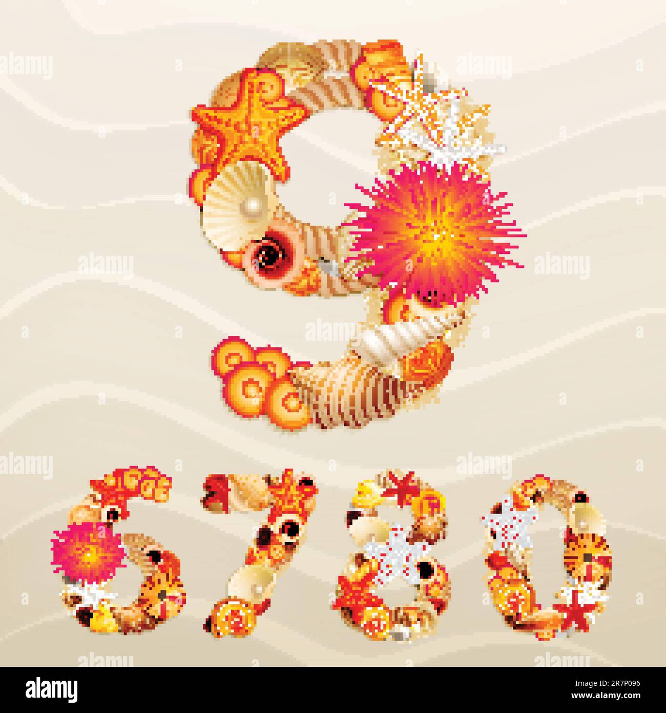 Numbers, vector sea life font on sand background. Check my portfolio ...