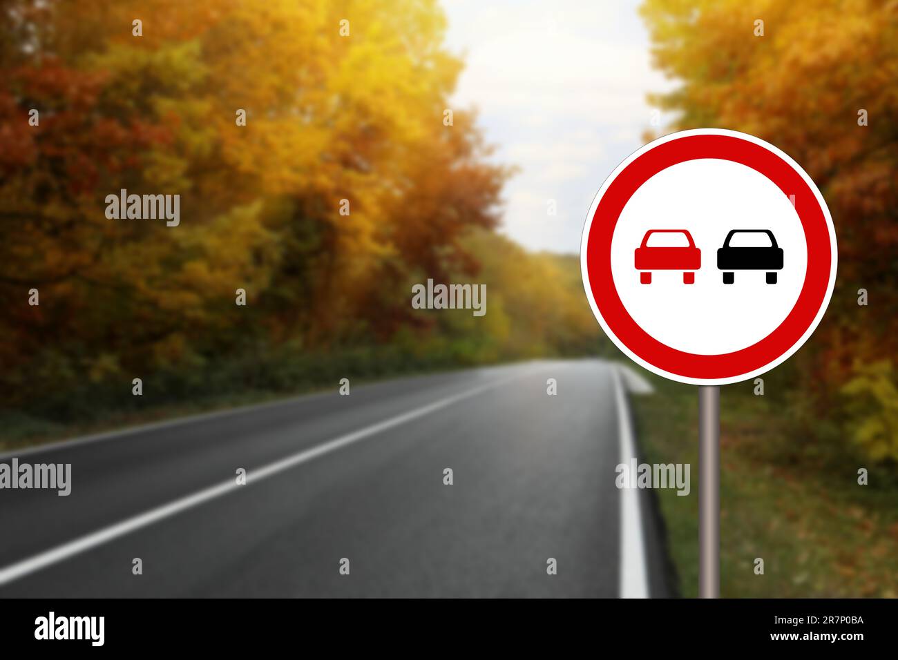 No Overtaking road sign on highway, space for text Stock Photo - Alamy