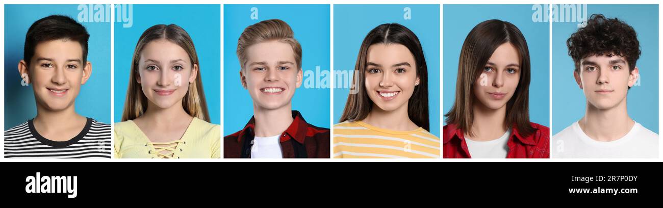Portraits of teenagers on light blue background, collage design Stock ...
