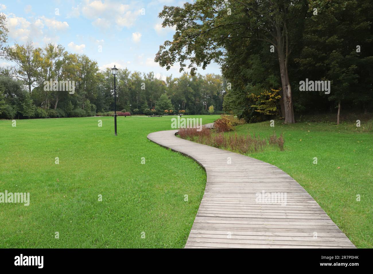 Beautiful public city park with pathway and green grass Stock Photo - Alamy