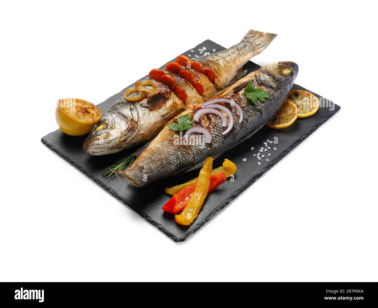 Delicious sea bass fish and ingredients isolated on white Stock Photo ...