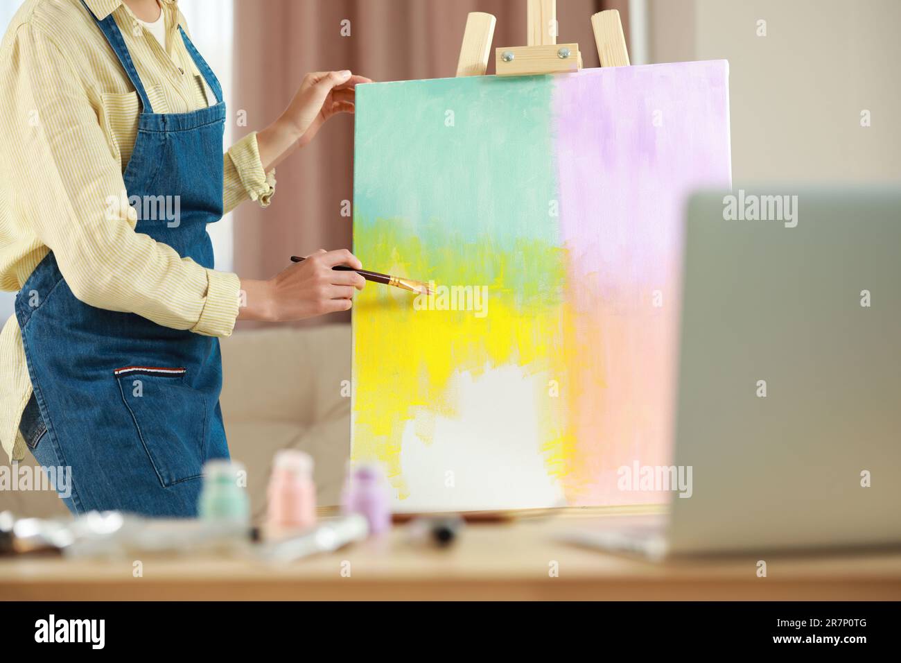 Teacher conducting online painting lesson at home, closeup. Time for ...