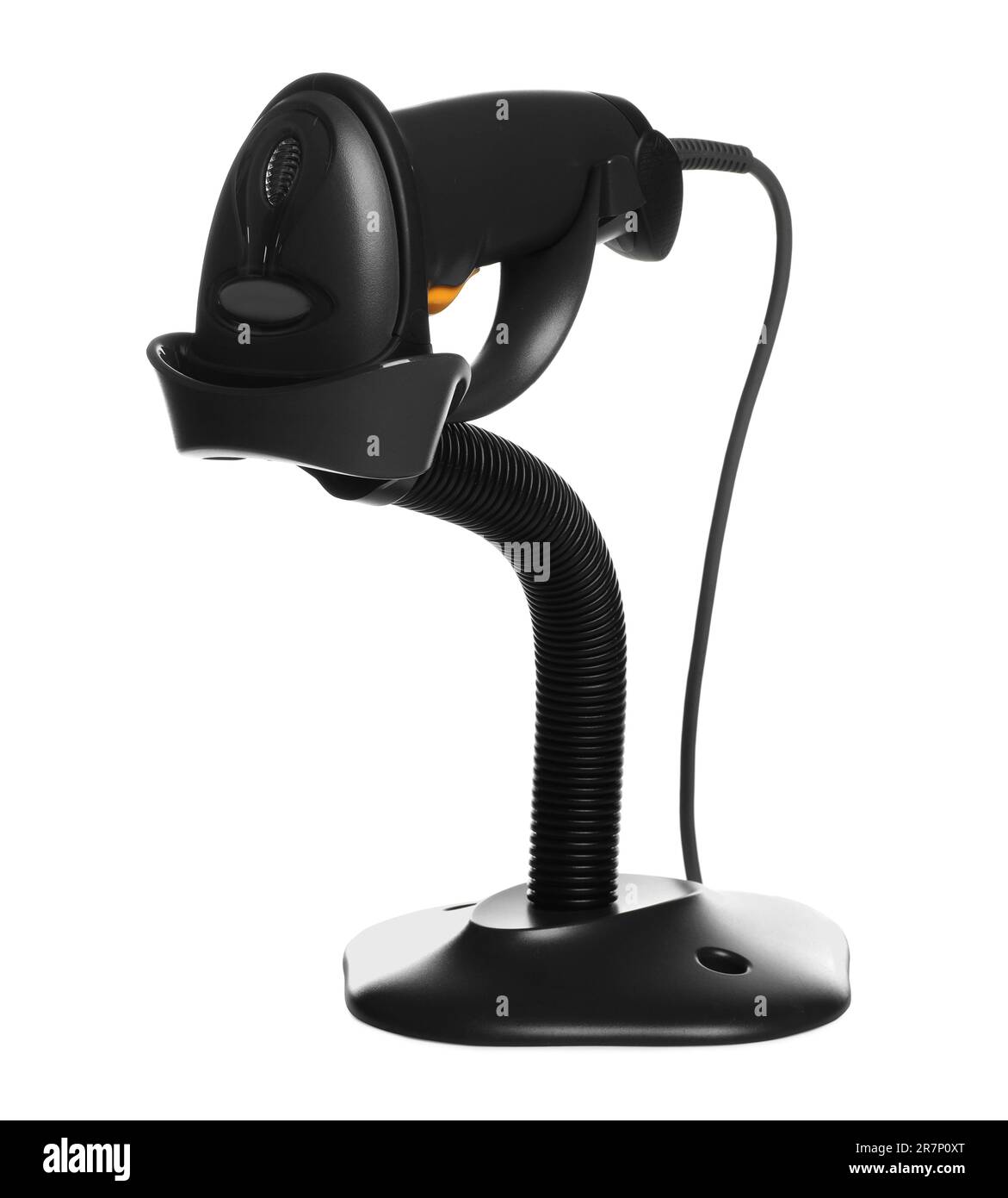 Stand with barcode scanner isolated on white Stock Photo - Alamy