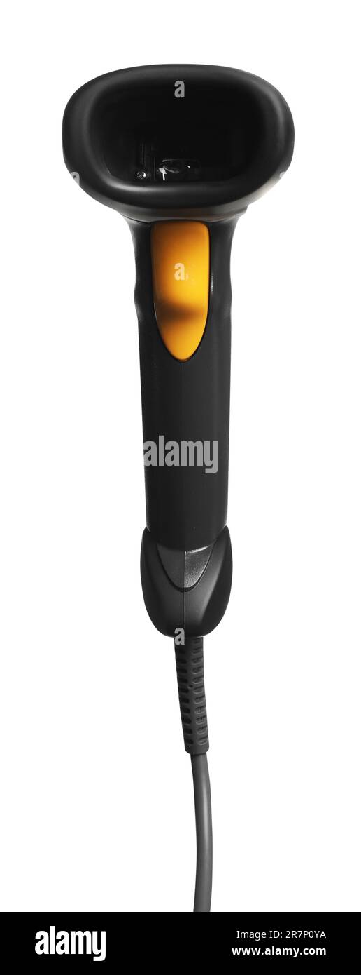 Black modern barcode scanner isolated on white Stock Photo - Alamy