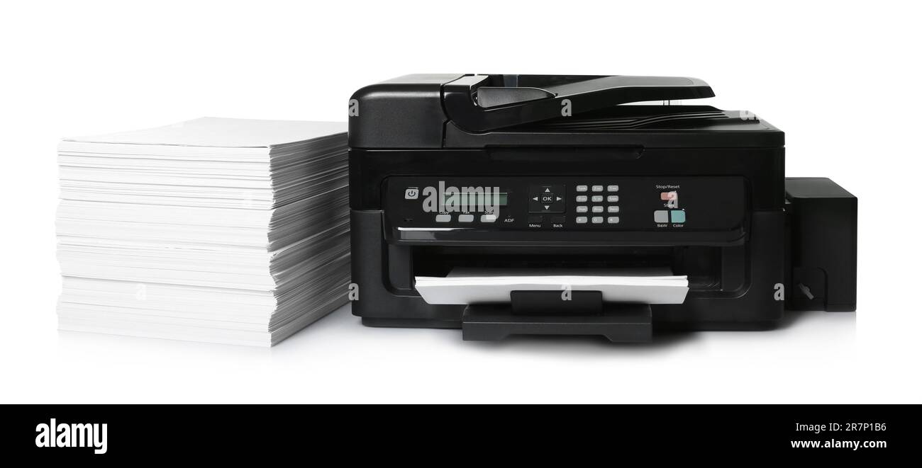 Modern printer and stack of paper on white background Stock Photo - Alamy